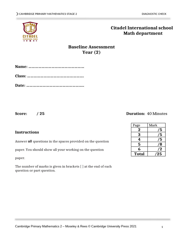 Year (2) - Math - Baseline Test | PDF | Shape | Elementary Geometry