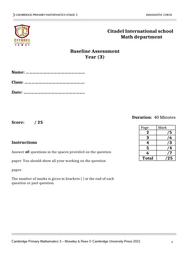 Year (3) - Math - Baseline Test | PDF | Mathematics