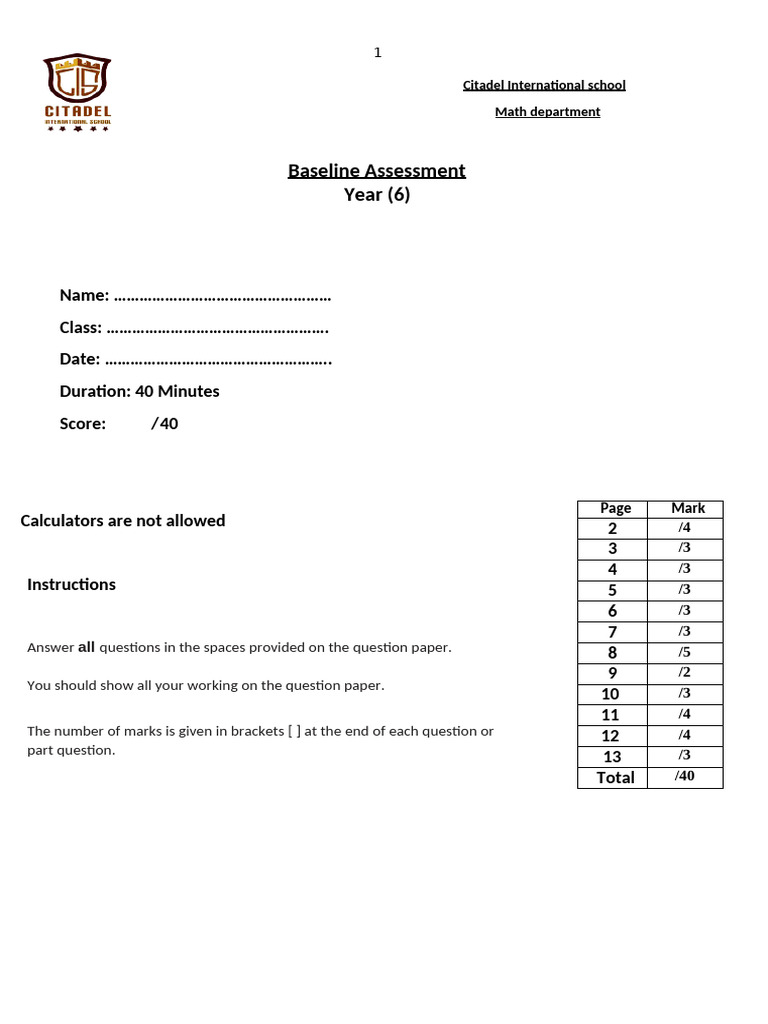 Year (6) - Math-Baseline Test | PDF | Elementary Geometry | Euclidean ...