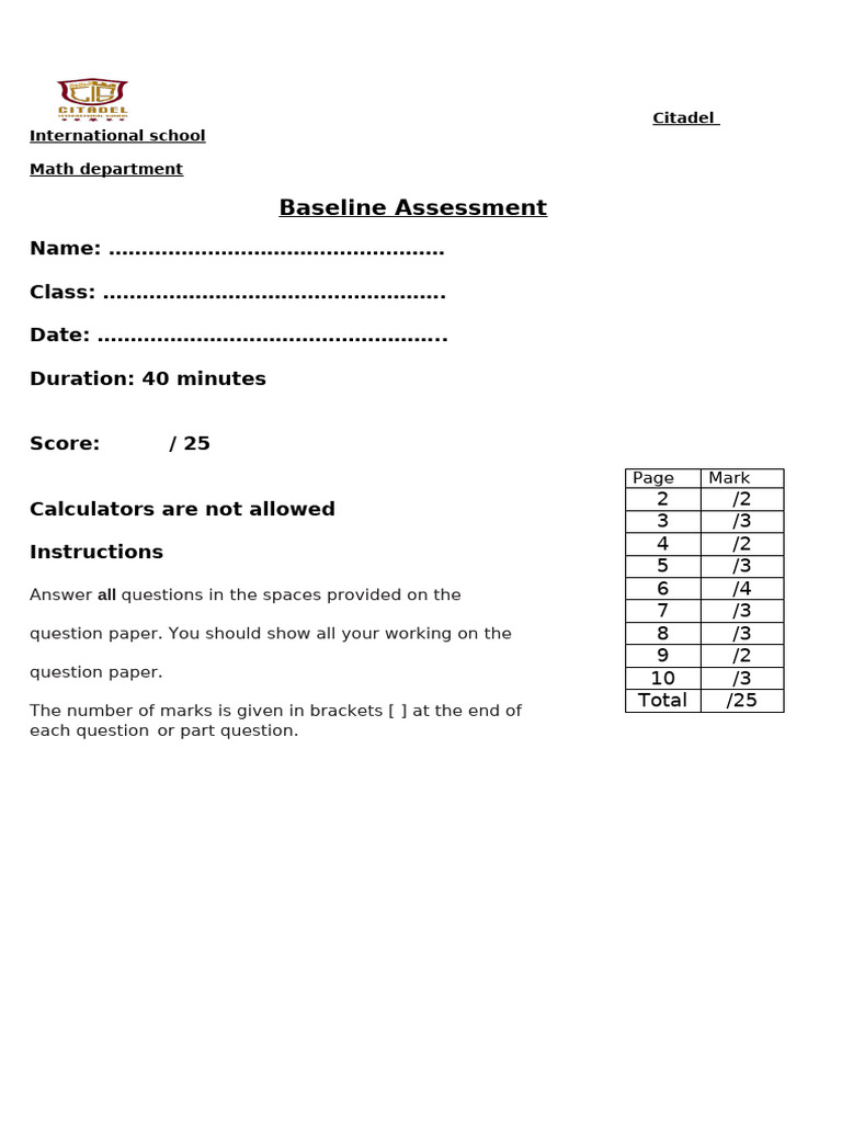 Year (5) - Math-Baseline Test | PDF | Mathematics