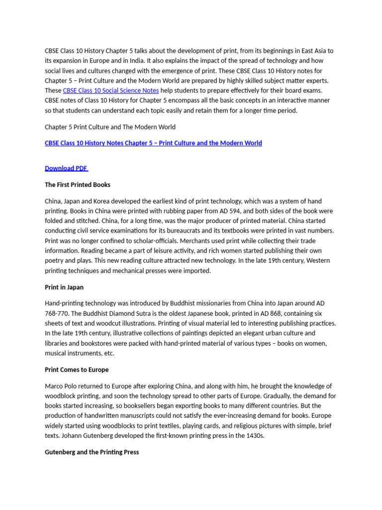 CBSE Class 10 History Chapter 5 Talks About The Development of Print ...