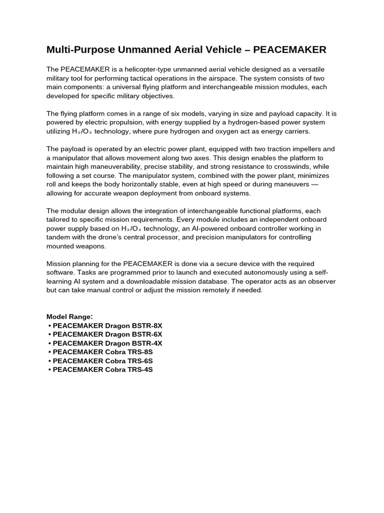 Multi-Purpose Unmanned Aerial Vehicle - PEACEMAKER | PDF
