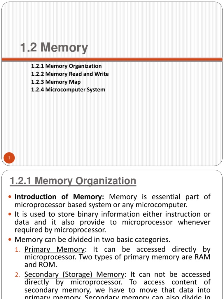 1.2 Memory: 1.2.1 Memory Organization 1.2.2 Memory Read and Write 1.2.3 Memory Map 1.2.4 ...