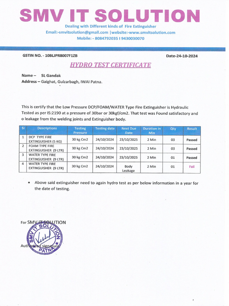 Hydro Test Certificate SL Gandak Scan | PDF