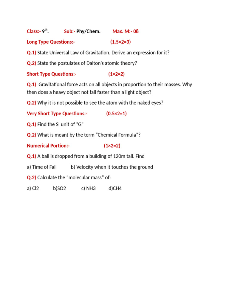 Class 9th (Phy Chem Set B) | PDF