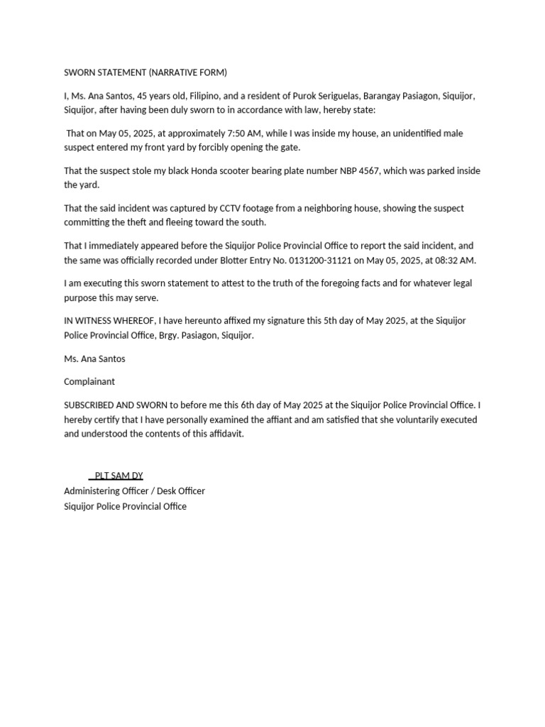 Sworn Statement of Wit. Narrative Form | PDF