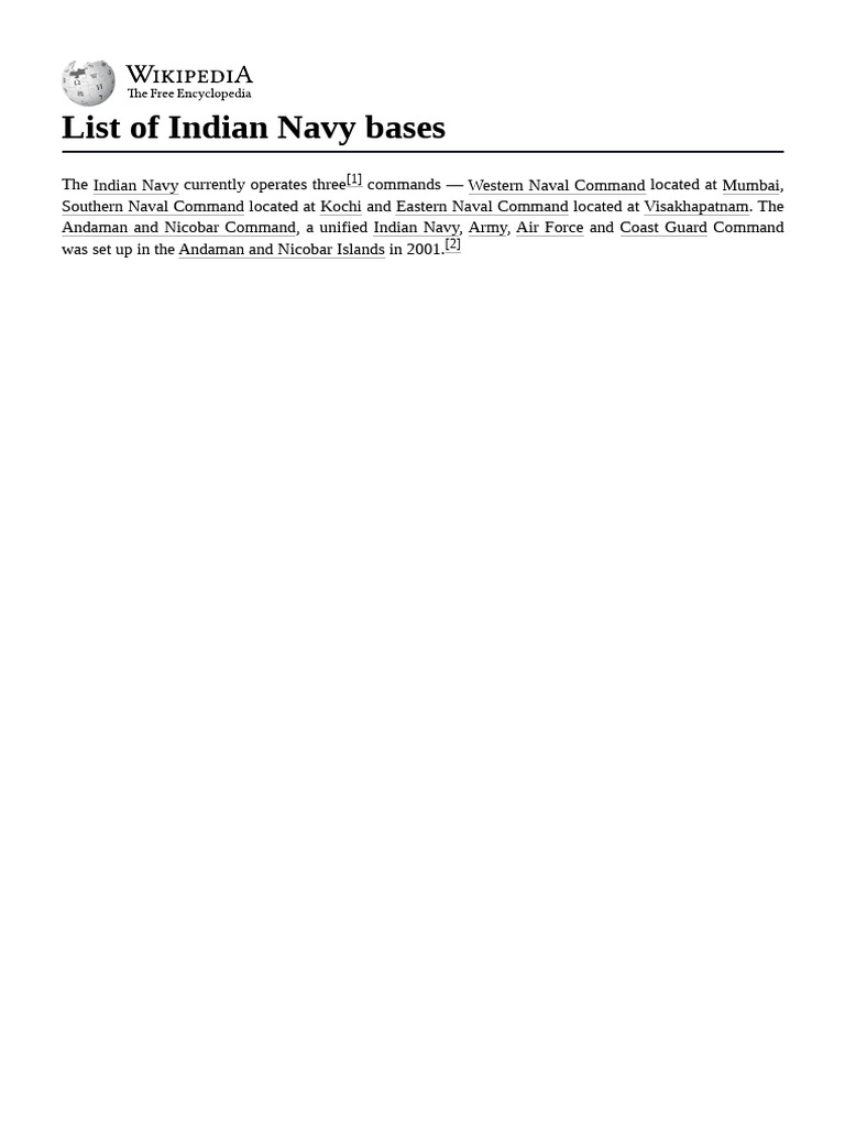 List of Indian Navy Bases | PDF | Warfare | Military Branches