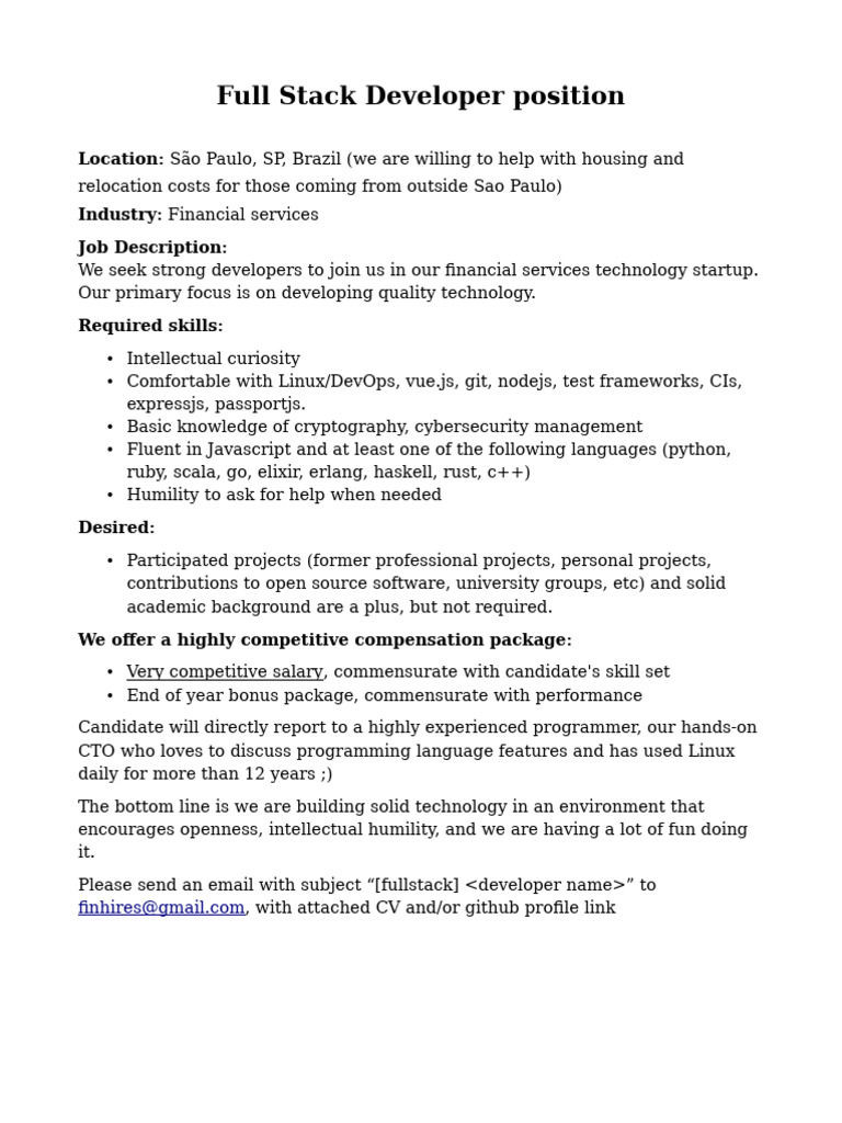 Full Stack Developer Posistion in Sao Paulo | PDF