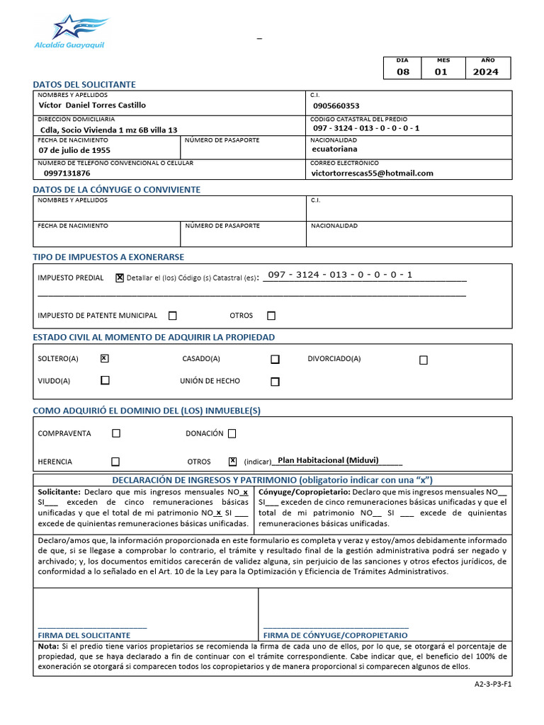 2022 Solicitud Exoneracion Adulto Mayor Victor | PDF