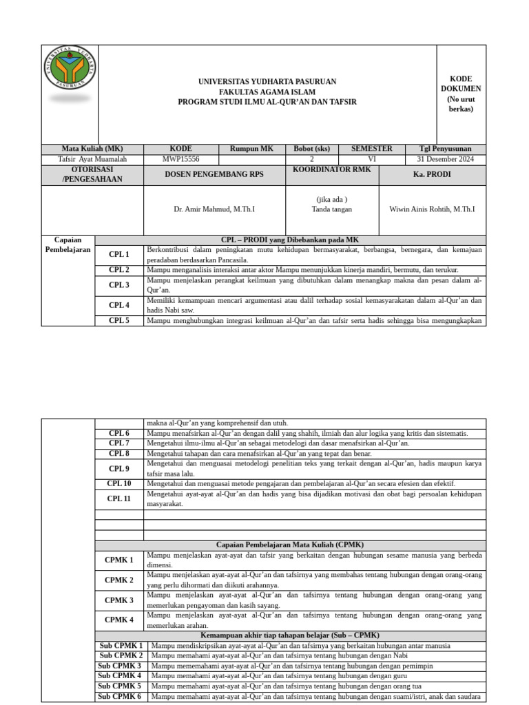 RPS OBE Tafsir Ayat Muamalah | PDF