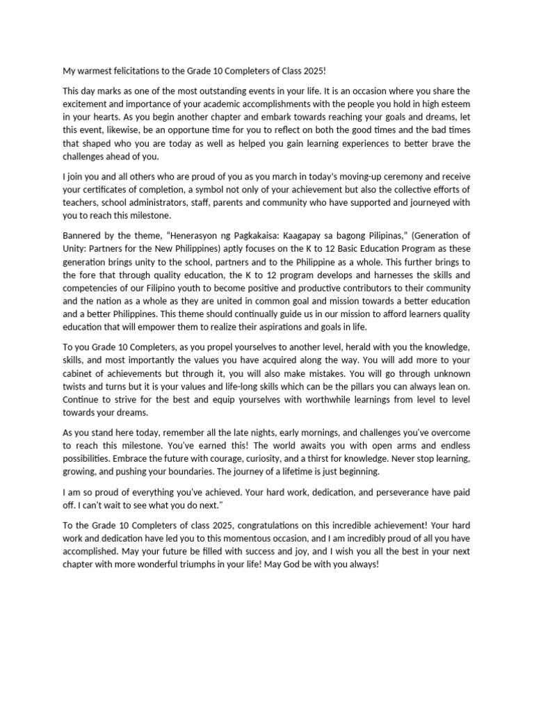Grade 10 Completers Message | PDF