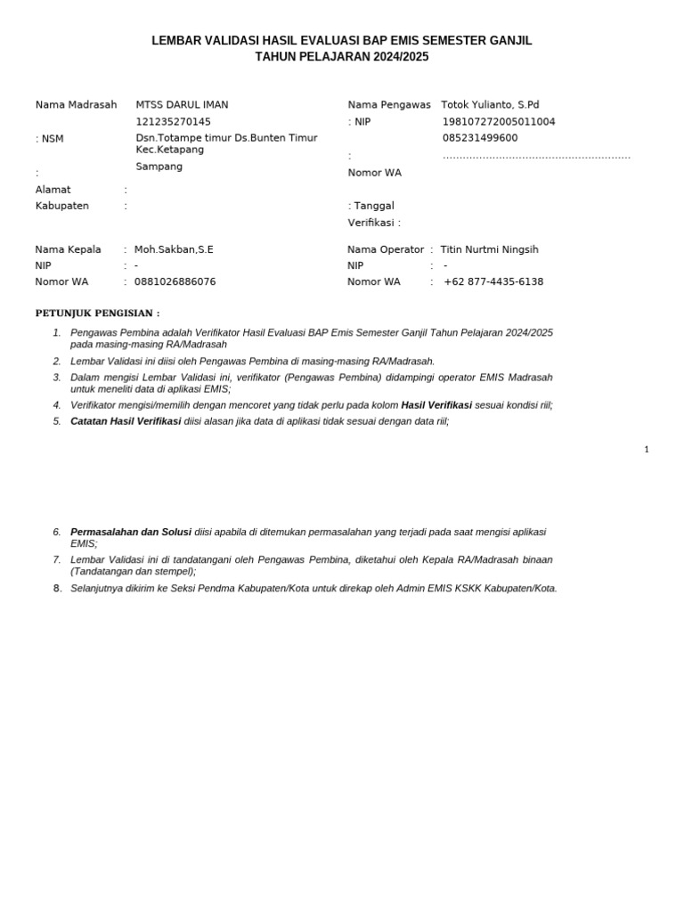 Lembar Validasi Emis MTS Kanwil FIX | PDF