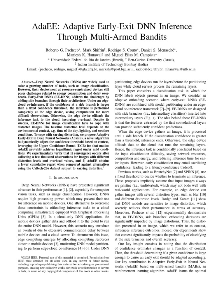 AdaEE - Adaptive Early-Exit DNN InferenceThrough Multi-Armed Bandits | PDF | Deep Learning ...