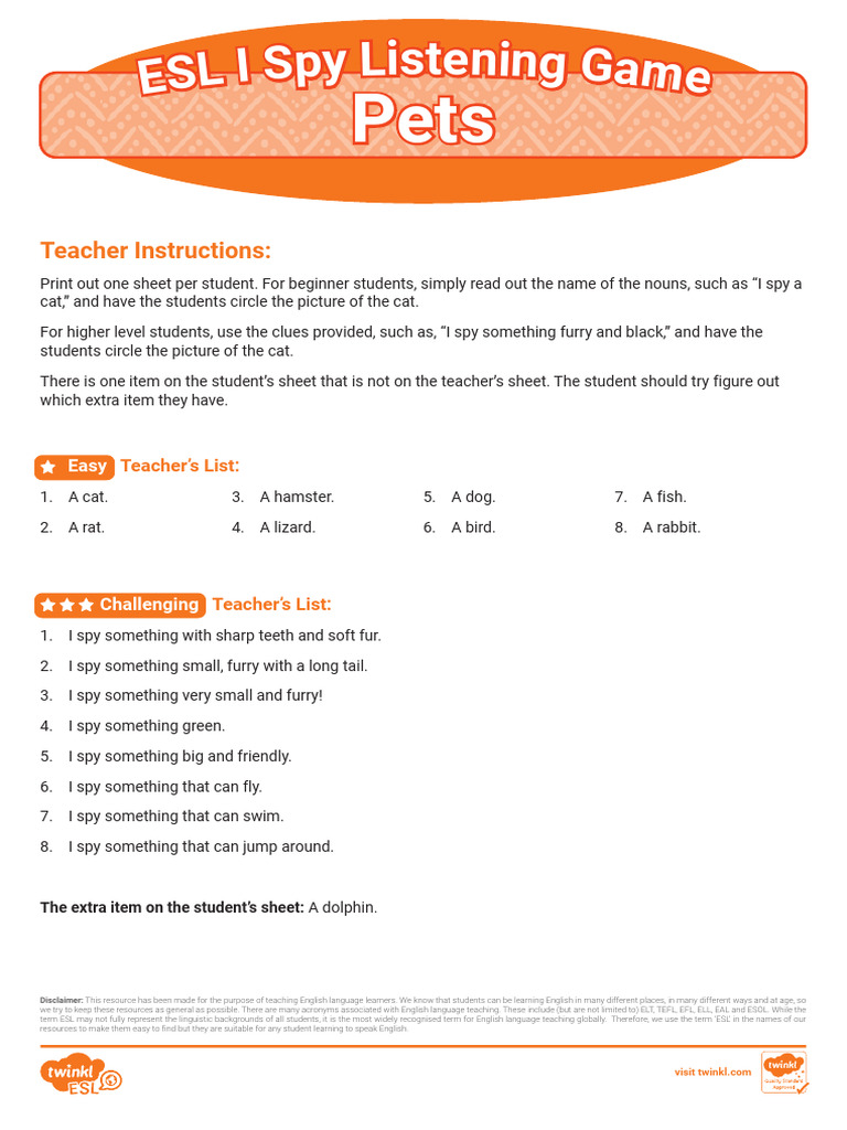 ESL I Spy: Furry Pets Game | PDF | English As A Second Or Foreign ...