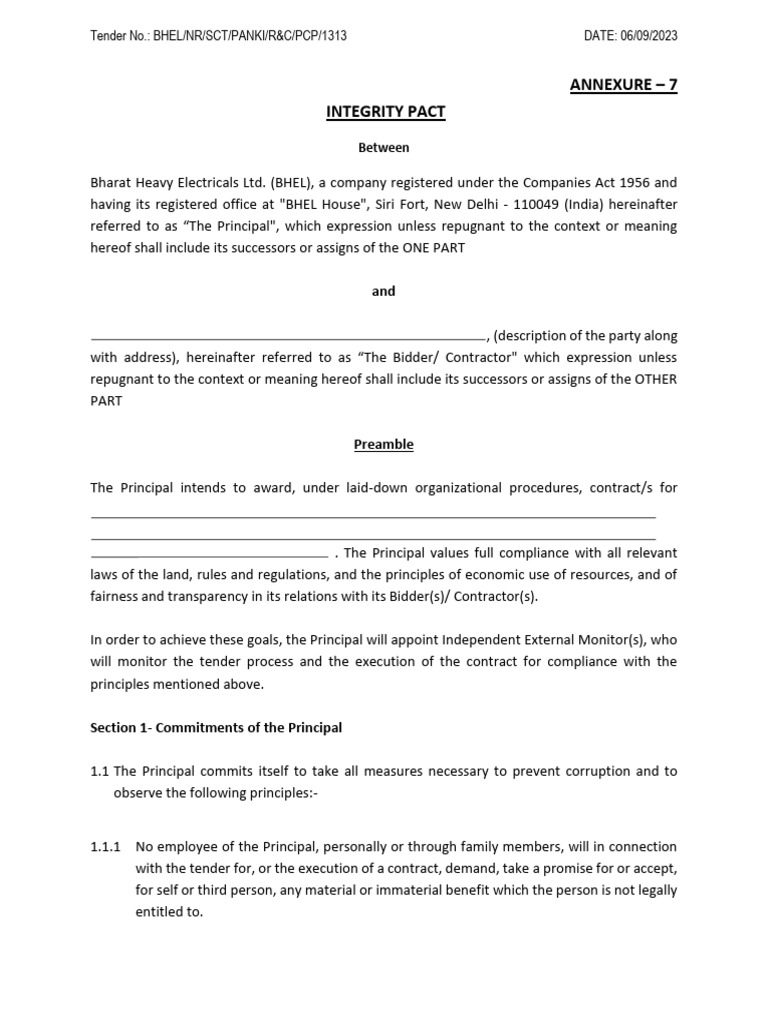 ANNEXURE-7 of NIT Integrity Pact | PDF | Subcontractor | Justice