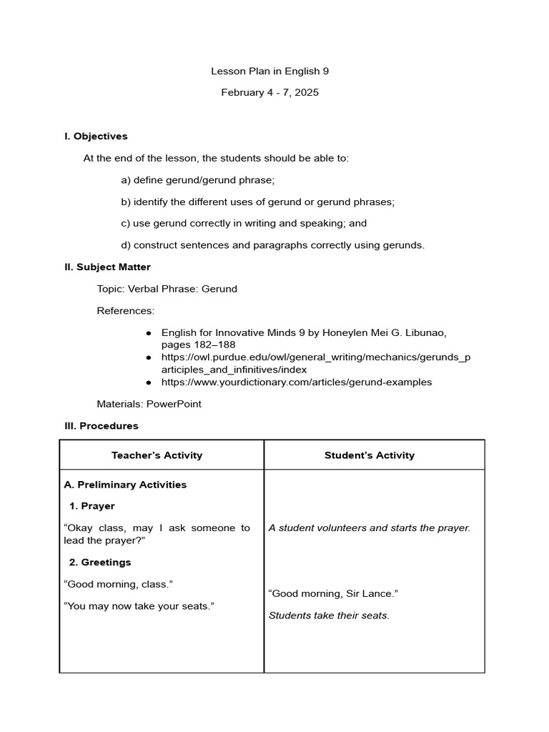 Gerund Lesson Plan for English 9 | PDF | Verb | Object (Grammar)