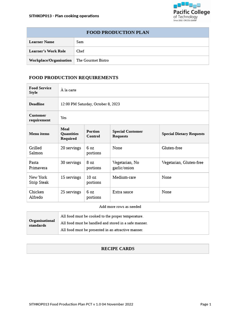 Food Production Plan for The Gourmet Bistro | PDF | Cooking | Stir Frying