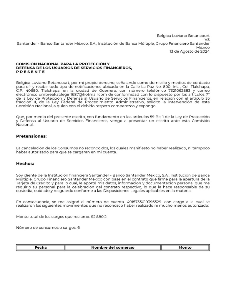 Formato de Queja Condusef Santa | PDF | Bancos | México