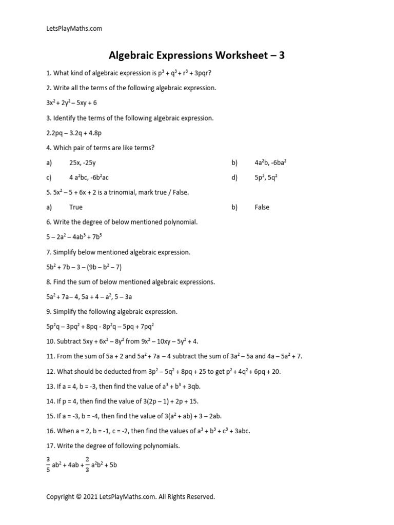 Algebraic Expressions Worksheet-3 | PDF