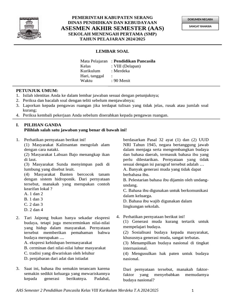 Soal AAS 2 Pancasila Kelas 8 KurMer 2425 | PDF