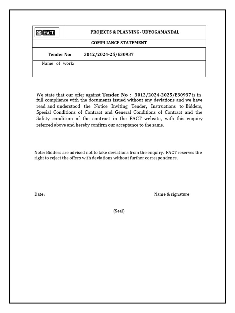 Compliance Statement for Tender 3012/2024-25 | PDF