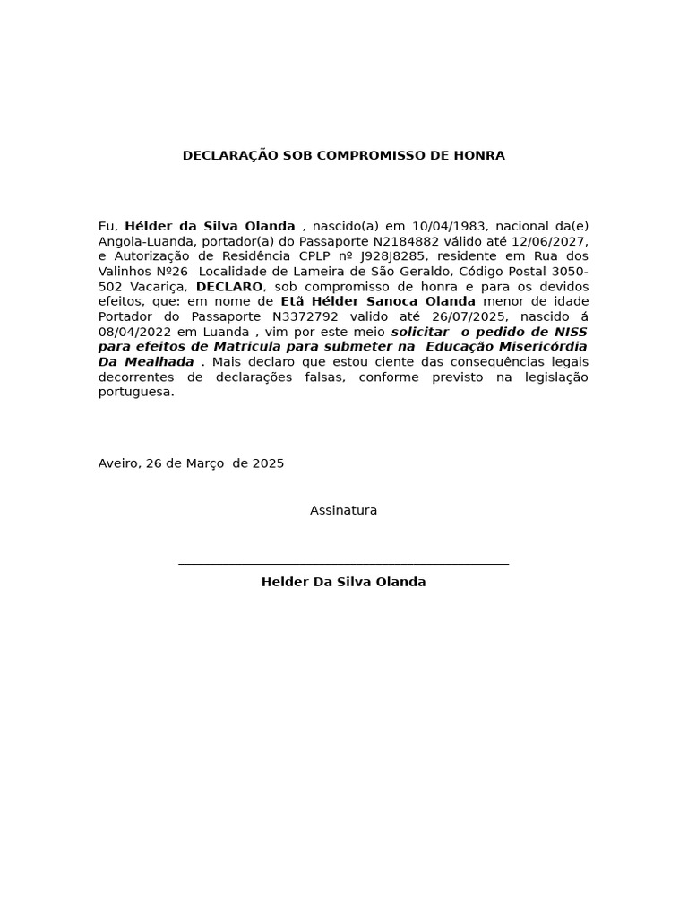 Declaração Sob Compromisso de Honra | PDF