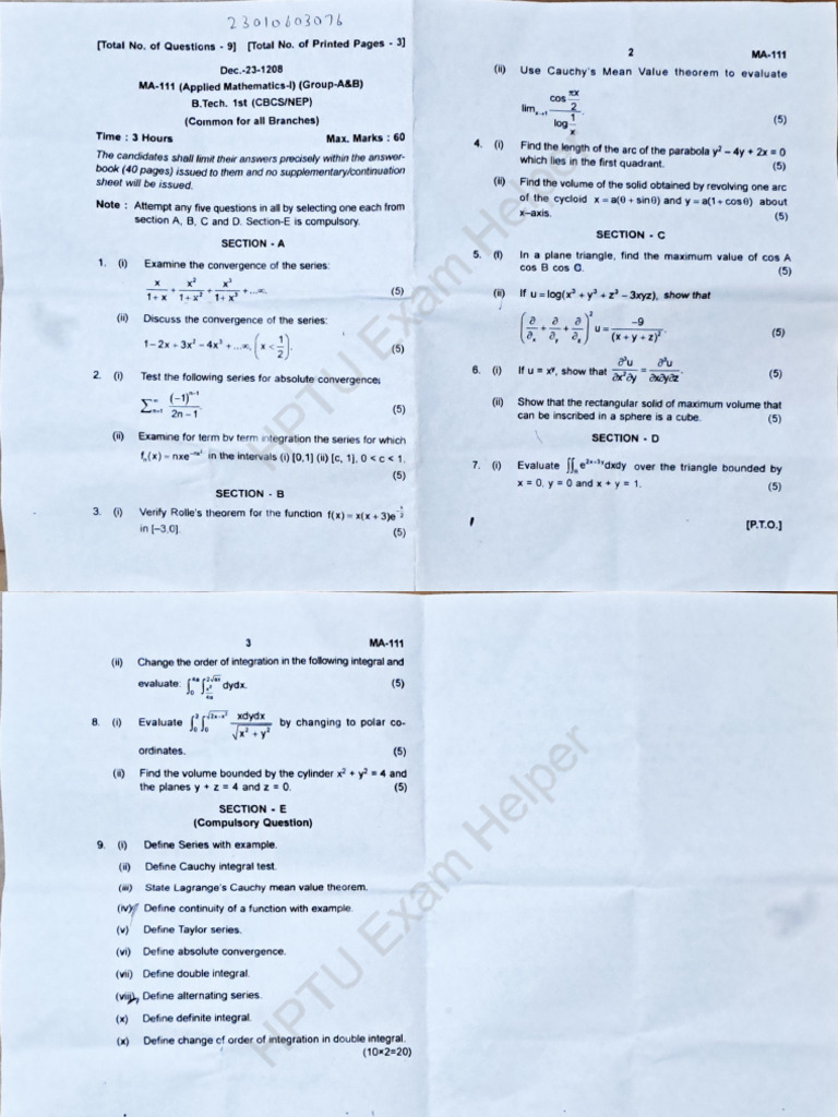 Applied Mathematics-I 1st Semester 2023 Question Paper | PDF