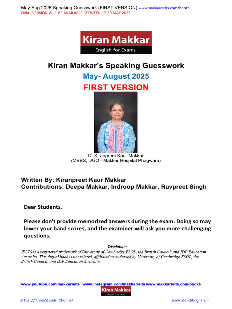 Makkar IELTS Speaking May To August 2025 First Version Zandi English | PDF | Artificial ...
