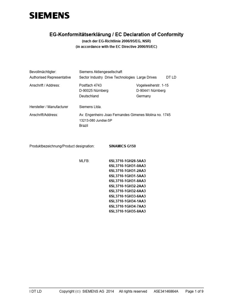 SINAMICS G150 JUN NSR Decl Sigend | PDF
