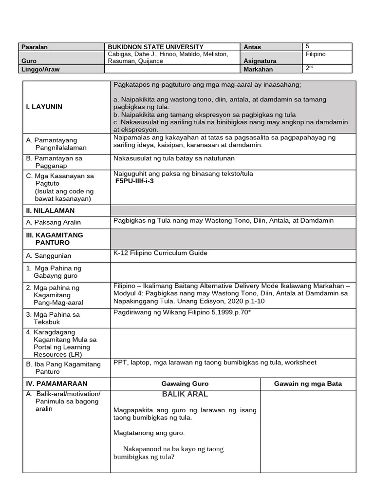 Tula Filipino Revised Deped Na LP | PDF