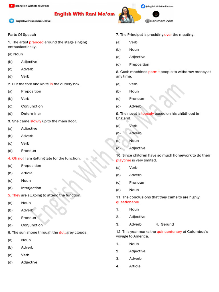 Parts of Speech Exercises and Answers | PDF | Adverb | Verb