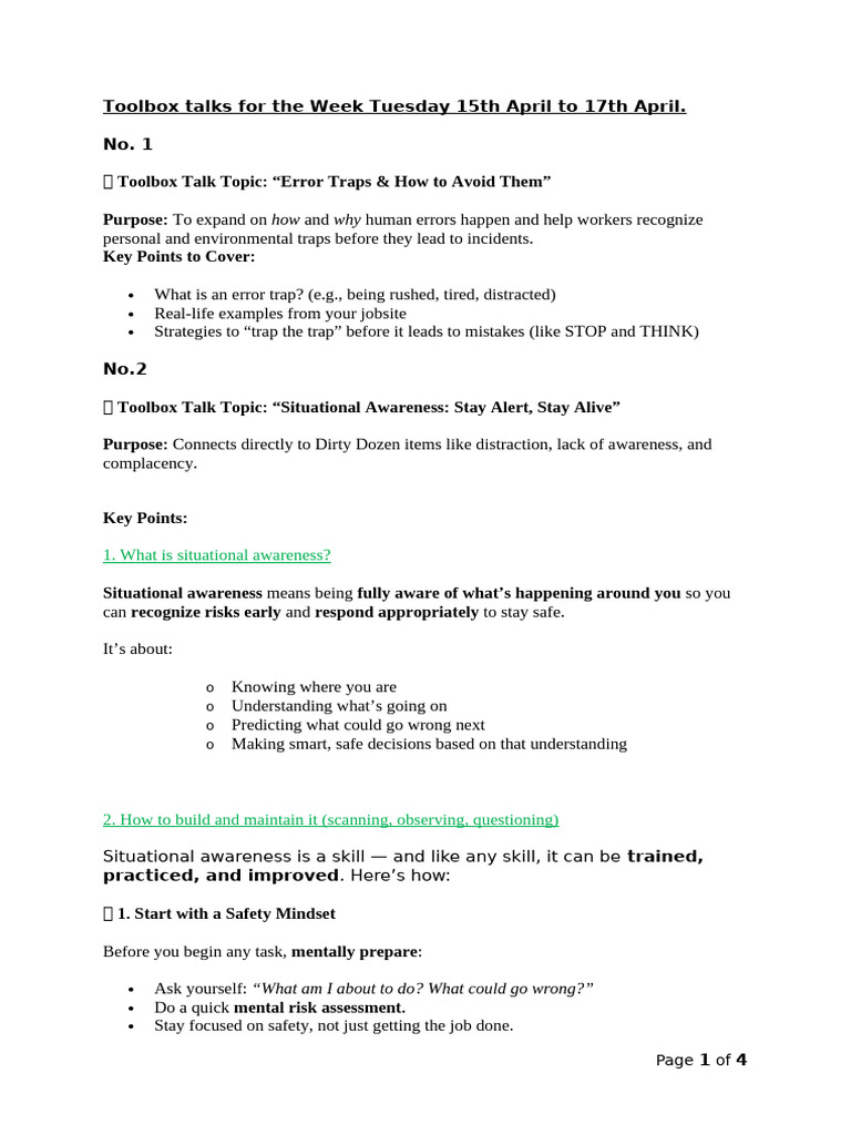 Situational Awareness Toolbox Talk | PDF | Situation Awareness ...