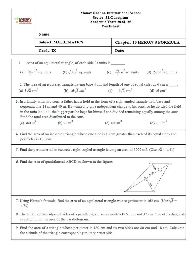 G 9 - Worksheet, CH 10, Heron's Formula | PDF | Area | Triangle