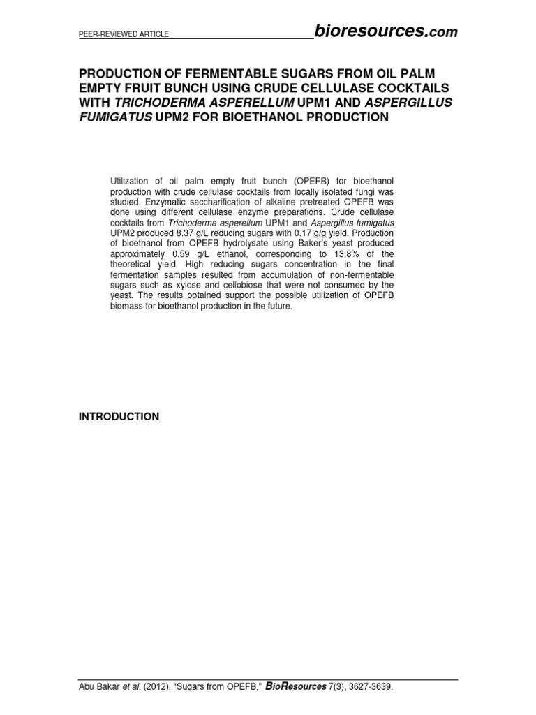 Bioresources.: Trichoderma Asperellum Aspergillus Fumigatus | PDF | Biofuel | Yeast