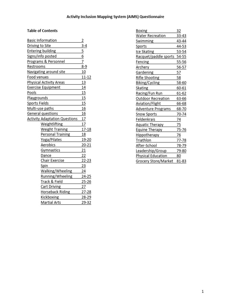 Activity Inclusion Mapping System (AIMS) Questionnaire | PDF | Public ...