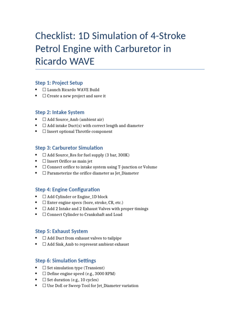 Ricardo WAVE 4stroke Engine Carburetor Checklist | PDF