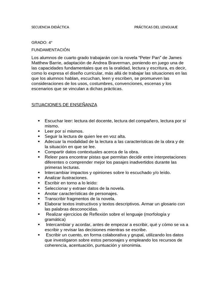 Secuencia Didáctica: Peter Pan 4° Grado | PDF | Aprendizaje ...