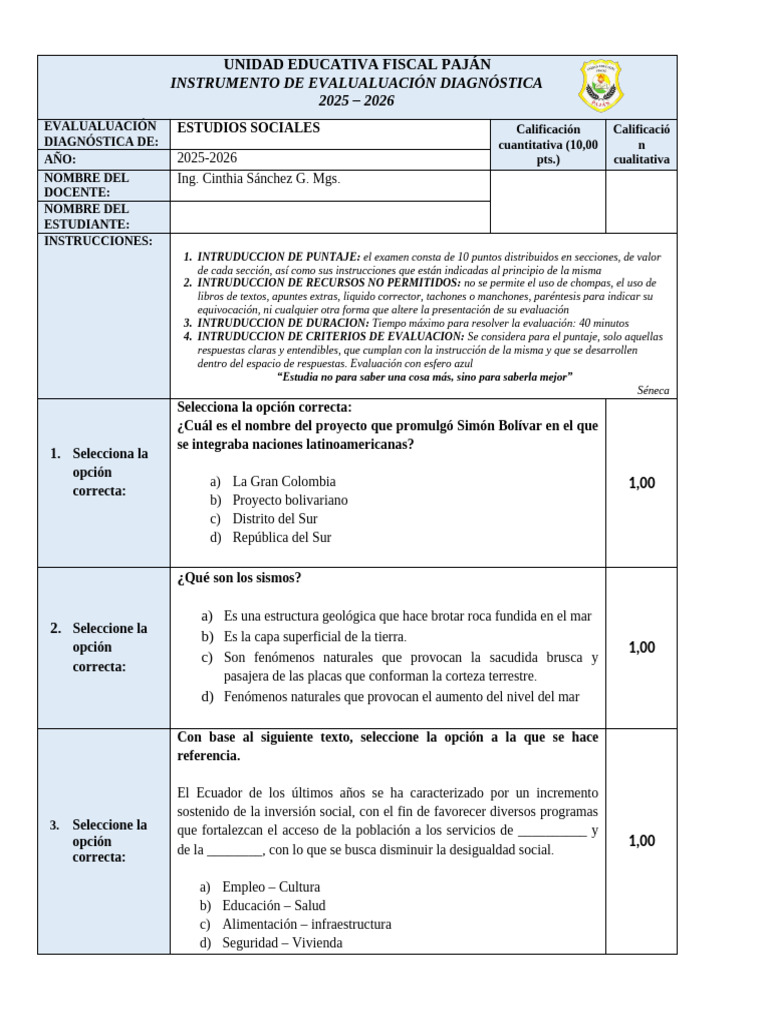 Evaluacion Diagnostica de Eess Sin Destrezas 2025 | PDF