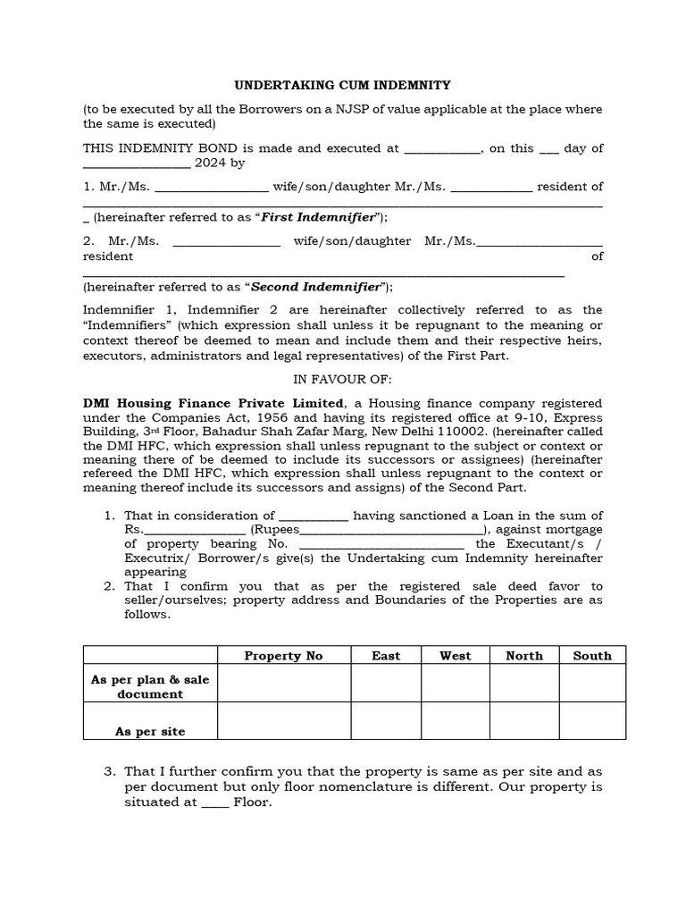Property Undertaking Cum Indemnity | PDF | Mortgages | Indemnity