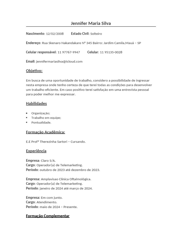 Curriculo - Jennifer | PDF