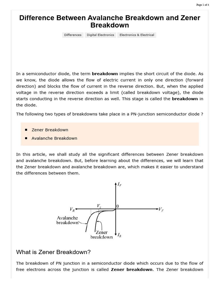 Difference Between Avalanche Breakdown and Zener Breakdown | PDF | P–N ...