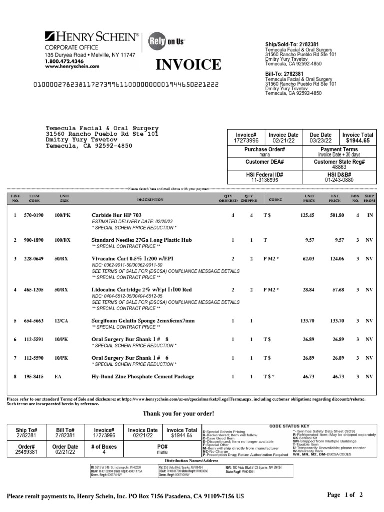 Счёт на оплату стоматологии Henry Schein | PDF | Invoice | Business Documents