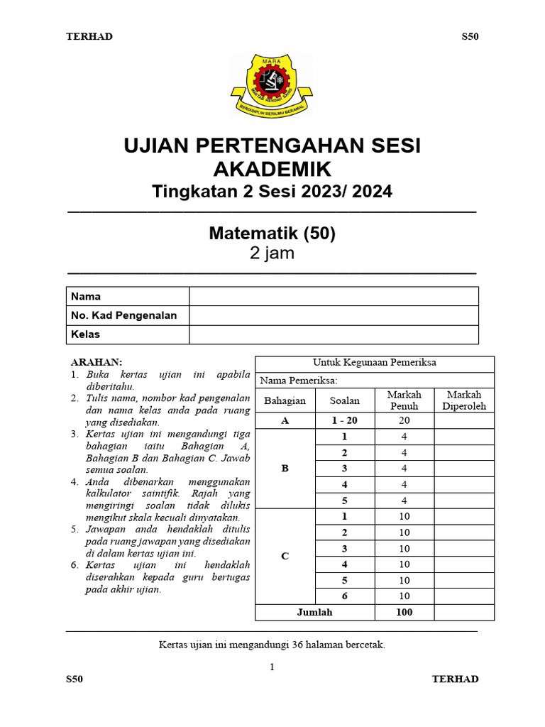 Soalan Matematik t2 Sem I 2023 | PDF