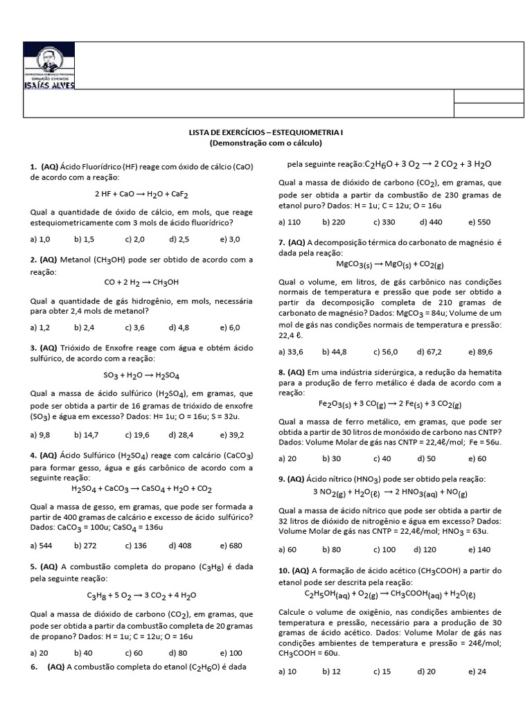 Exerc-cio Avaliativo Da II Unidade Atual - C-lculo Estequiom-trico - Parte I (1) | PDF | Dióxido ...