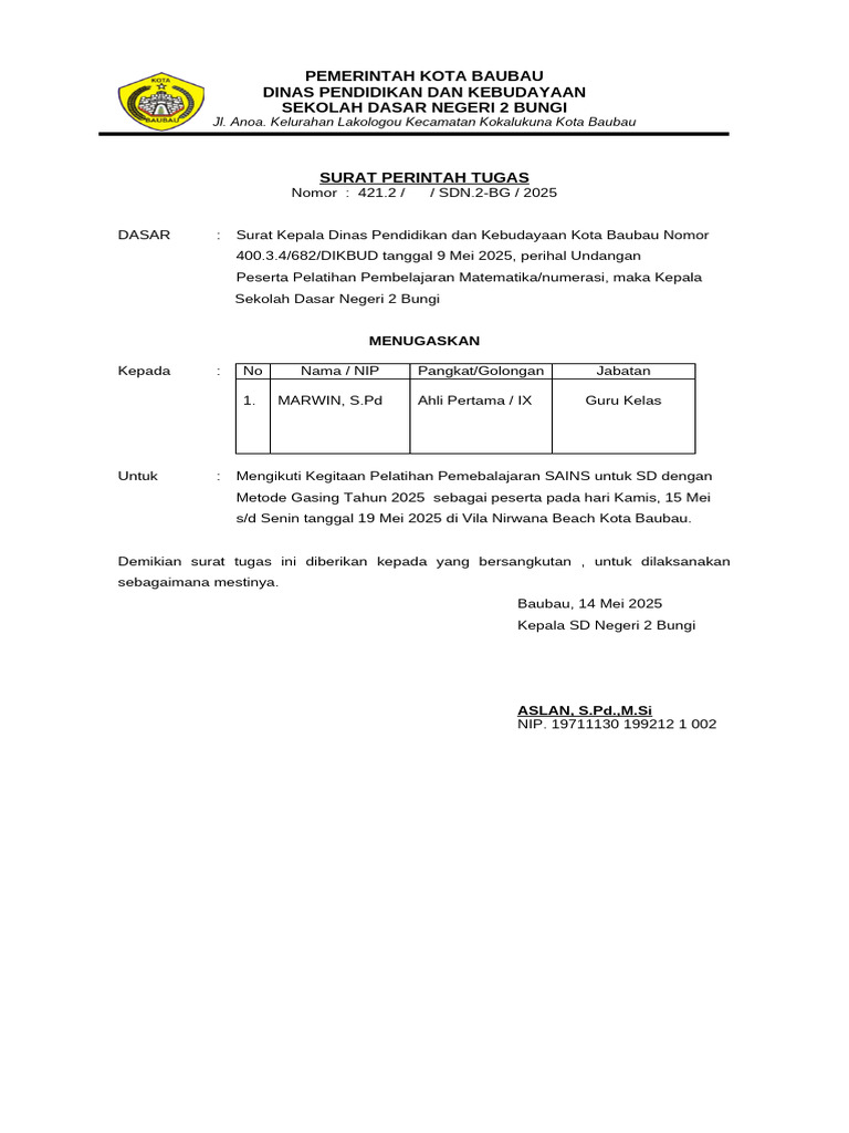 SURAT TUGAS_Ibu Marwin | PDF