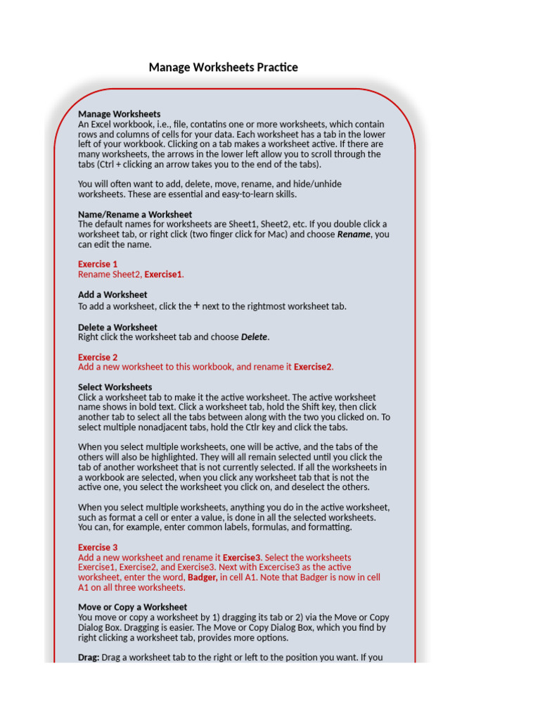 Managing Excel Worksheets Skills | PDF | Worksheet | Microsoft Excel