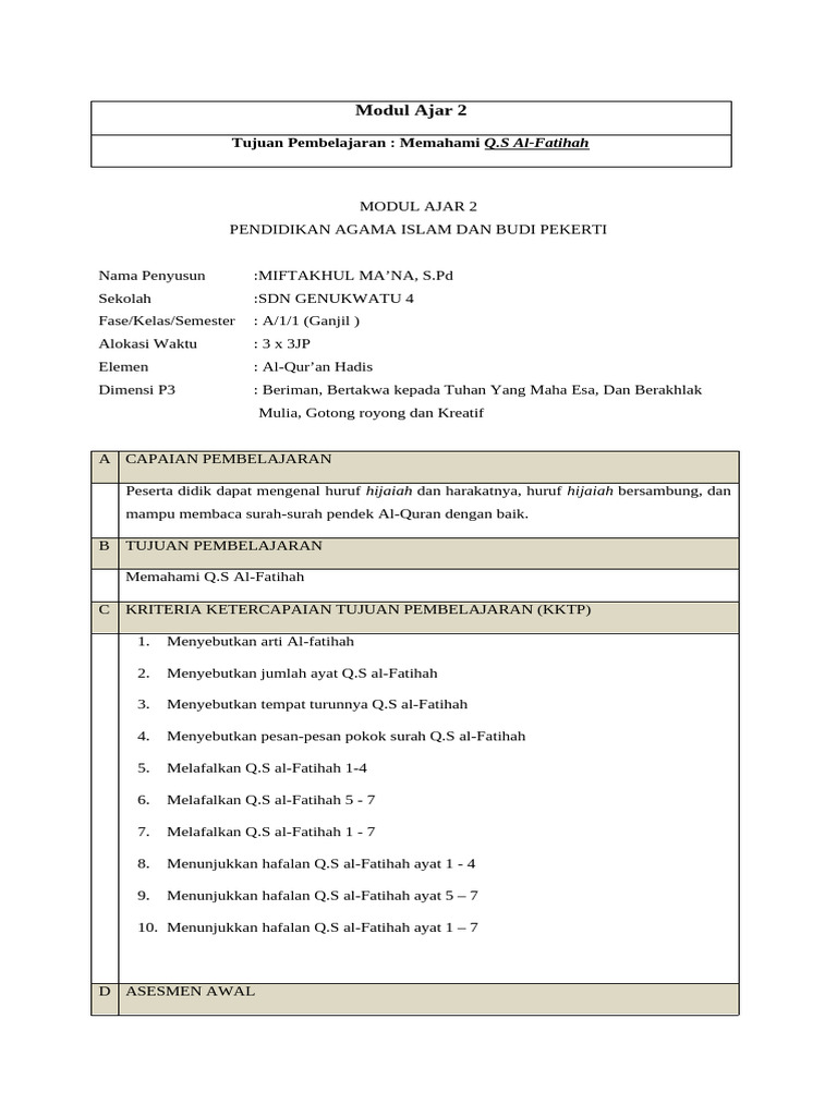 Modul Ajar 2 Kelas 1 Ok | PDF