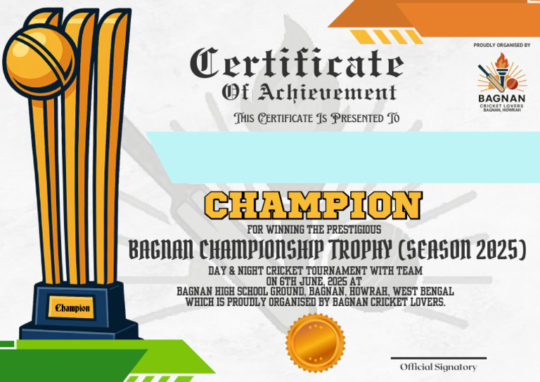 Cricket Tournament Champion Certificate Templet | PDF