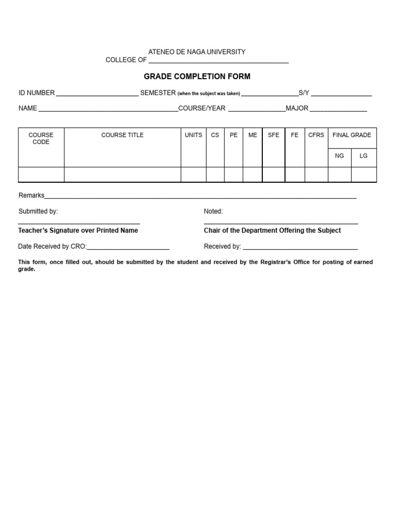Matthew Wood Grade Completion Form | PDF