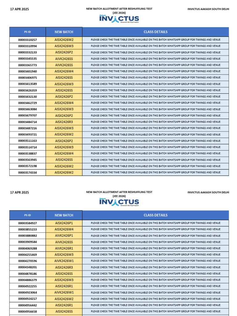 Invictus JEE 2026 Batch Allotment | PDF